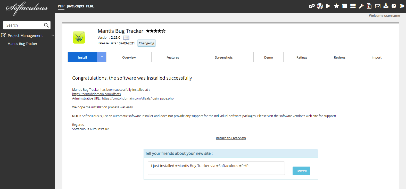 Cara Install Mantis Bug Tracker Melalui Softaculous Apps Installer