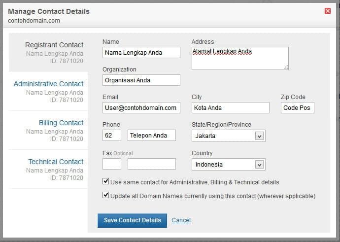 Merubah Kontak Detail Pada Domain Manager - IndoWebsite Knowledgebase
